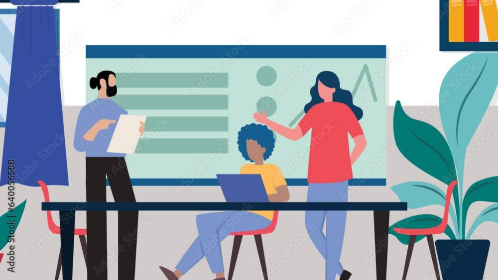 Team work animation. Meeting in the office. Group of workers discussion ...