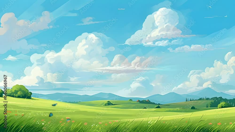 Summer fields, hills landscape, green grass, blue sky with clouds ...