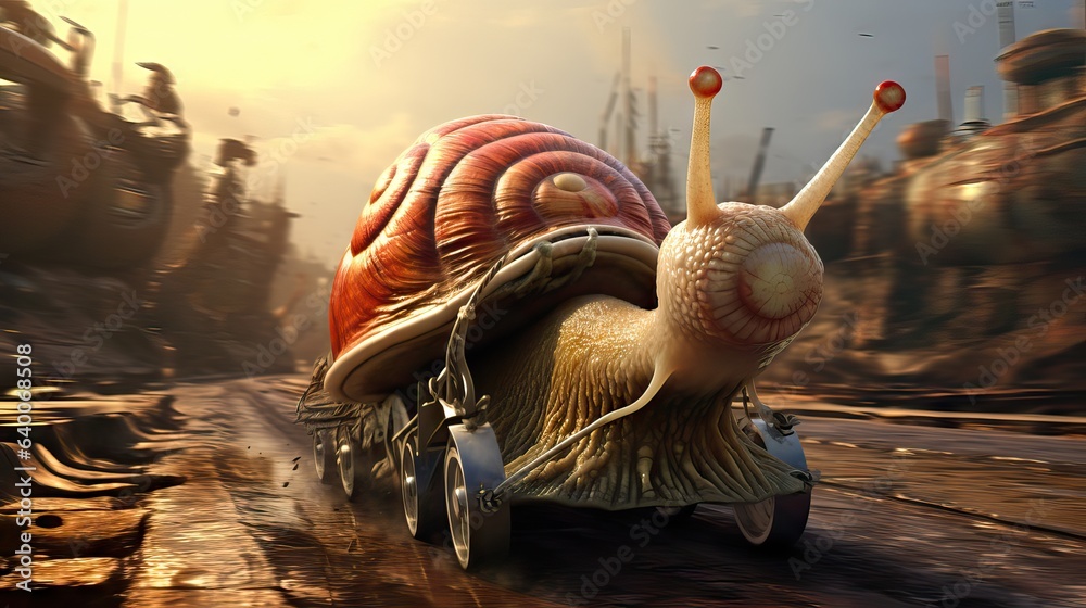 An imaginative image depicting a snail zooming rapidly toward a finish ...