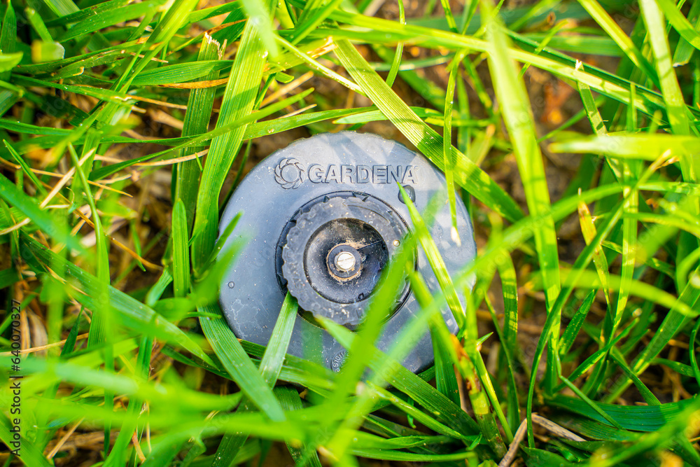 Kiev, Ukraine - June 20, 2023: Gardena S80 pop-up sprinkler , close-up ...