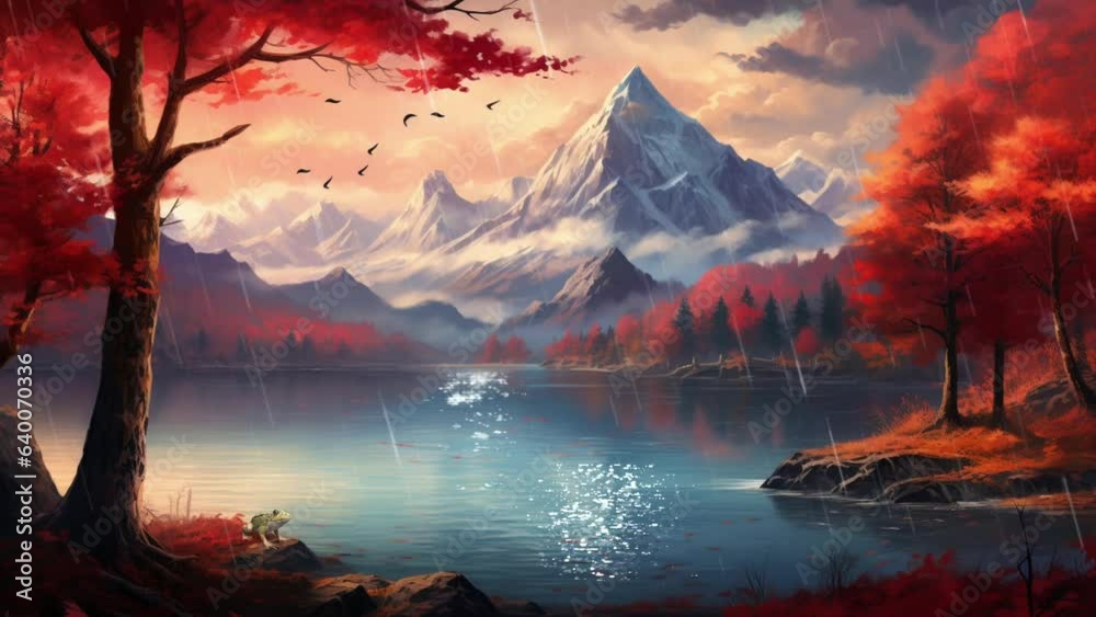 mountain landscape with river flowing under forest lightning striking ...