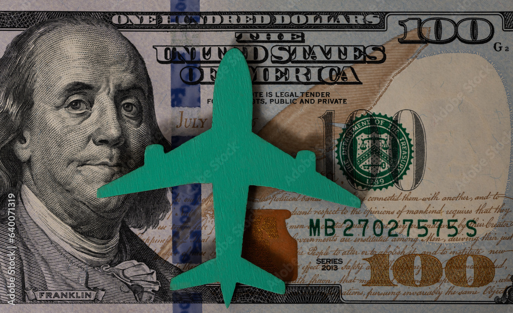 Foto de The symbolic figure of an airplane on a bill of denomination of ...