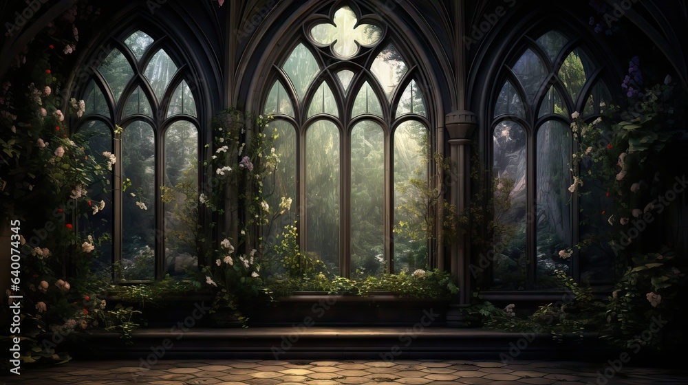 Interior of a Gothic building featuring elaborate window designs and ...