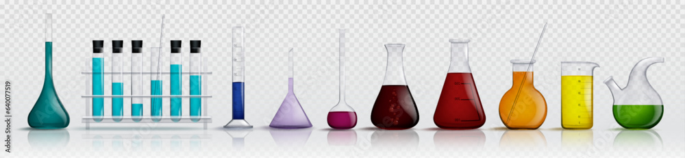 Glass laboratory chemical measuring flasks and test tubes with colorful ...
