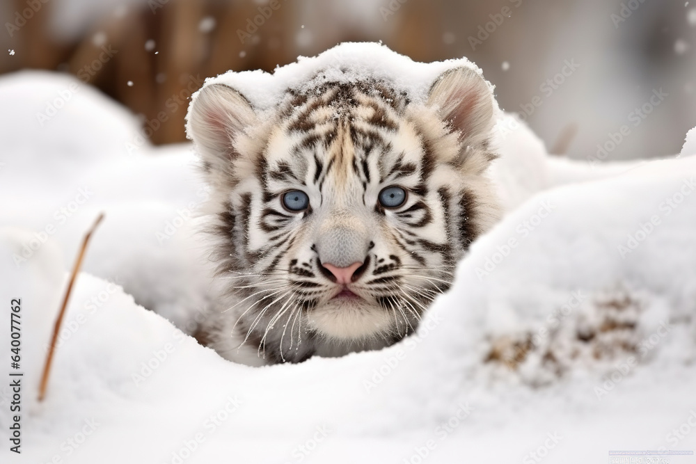 Cute baby white tiger on snow Stock Photo | Adobe Stock