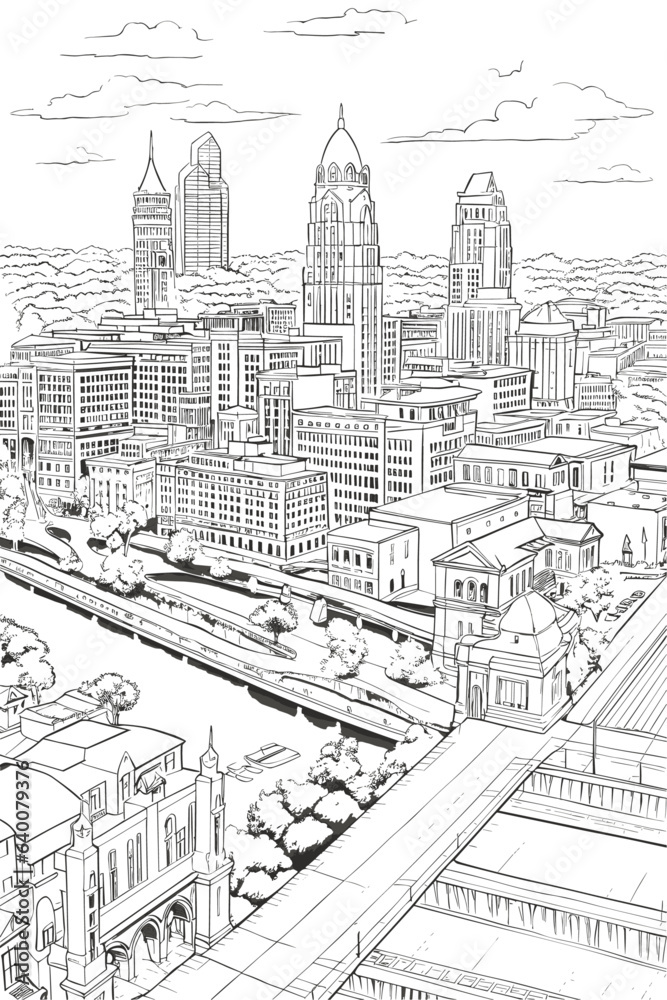 USA United States Cincinnati cityscape black and white coloring page ...