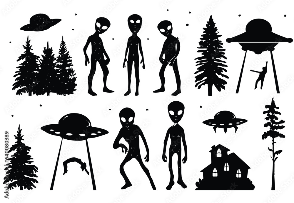 Silhouette of ufo vector. Silhouette of spaceship, christmas trees ...
