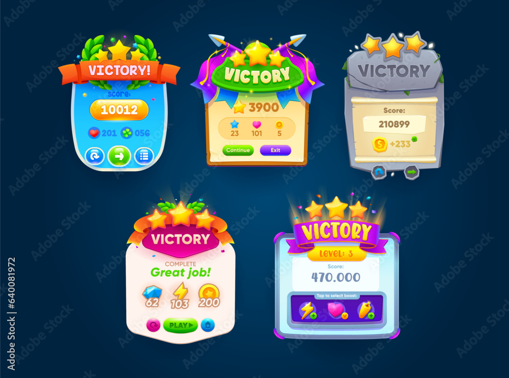 Game victory banner or popup window. Cartoon vector menu screen with ...