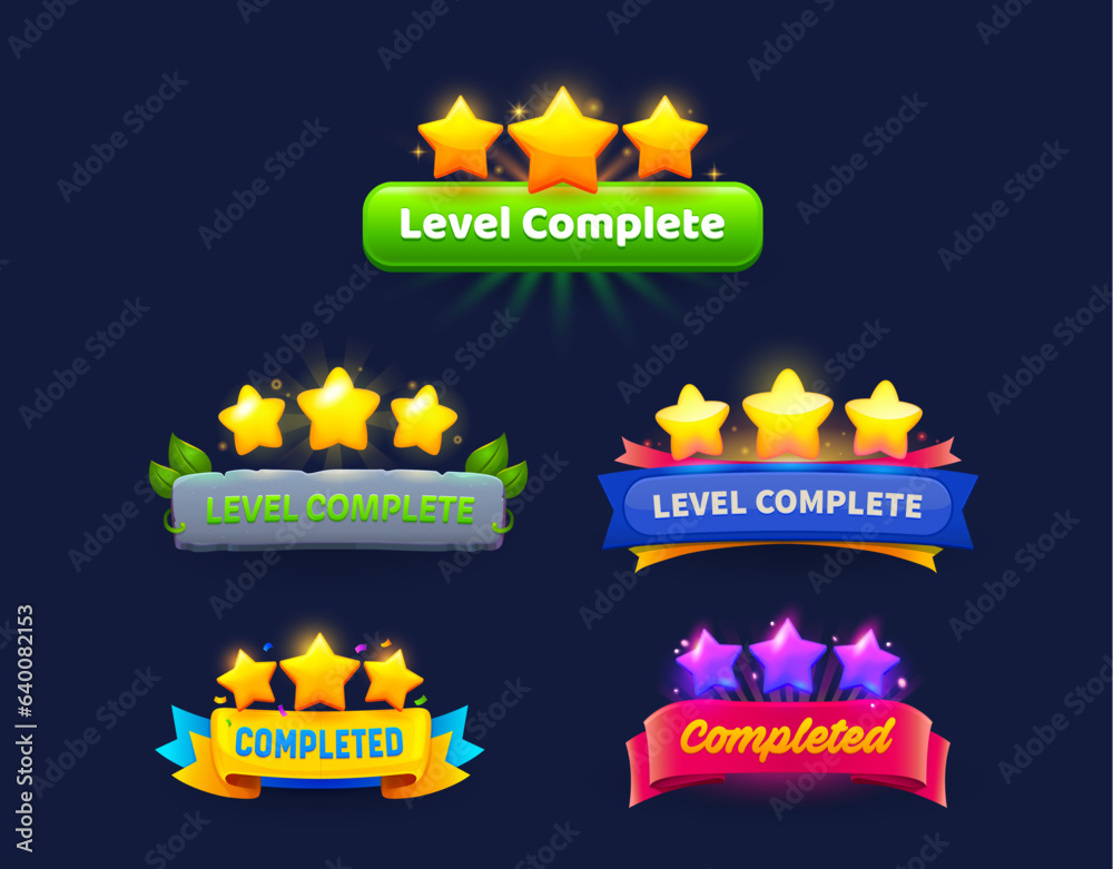Game level complete or level up badge icons with shining stars, green leaves, stone plate and ...