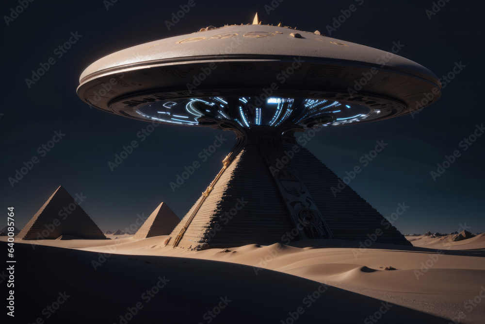 Sci-fi 3D render or illustration of landing alien spacecraft Egyptian ...