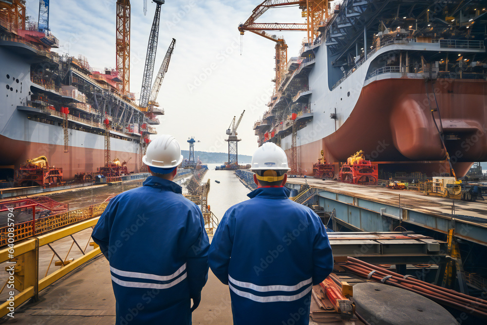 Big ship under construction in shipyard with shipyard workers around ...