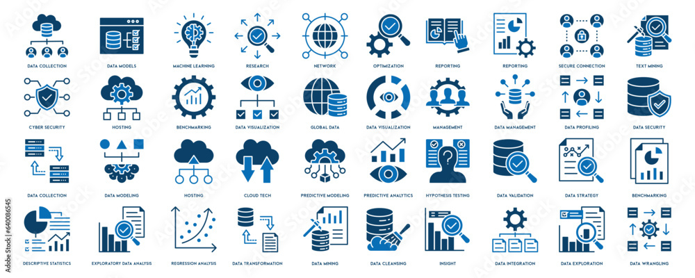 Data analytics icon set. Big data analysis technology symbol ...