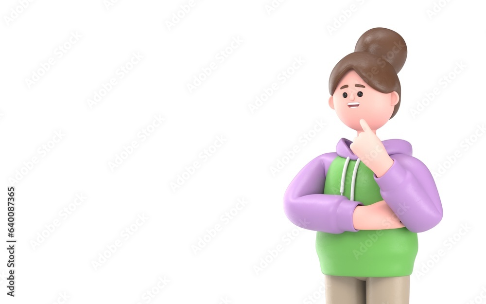3D illustration of a thinking Asian girl Renae pondering making ...