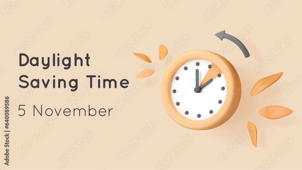 Daylight saving time autumn banner. 3d vector clock render, autumn ...