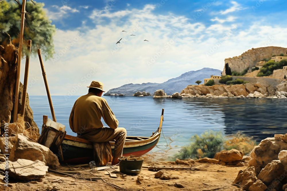 A gray-haired old man in a fishing boat sorts out nets for catching ...