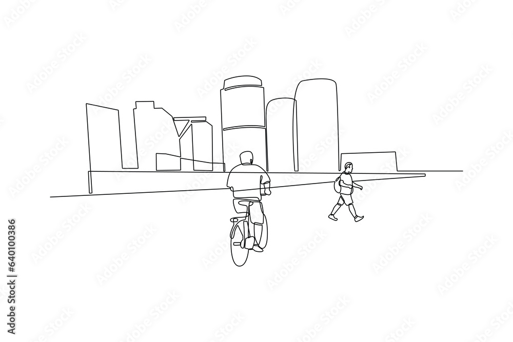 Continuous one line drawing People going along city street. Urban ...