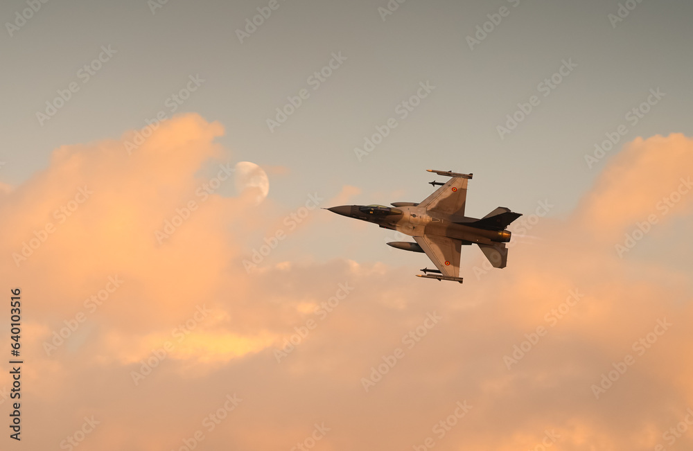 Bucharest International Air Show. F16 military fighter airplane flying ...