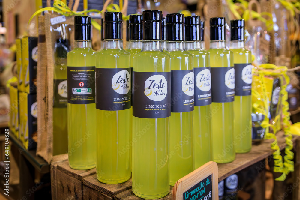 Menton, France - May 26, 2023: Colorful gourmet limoncello from the ...