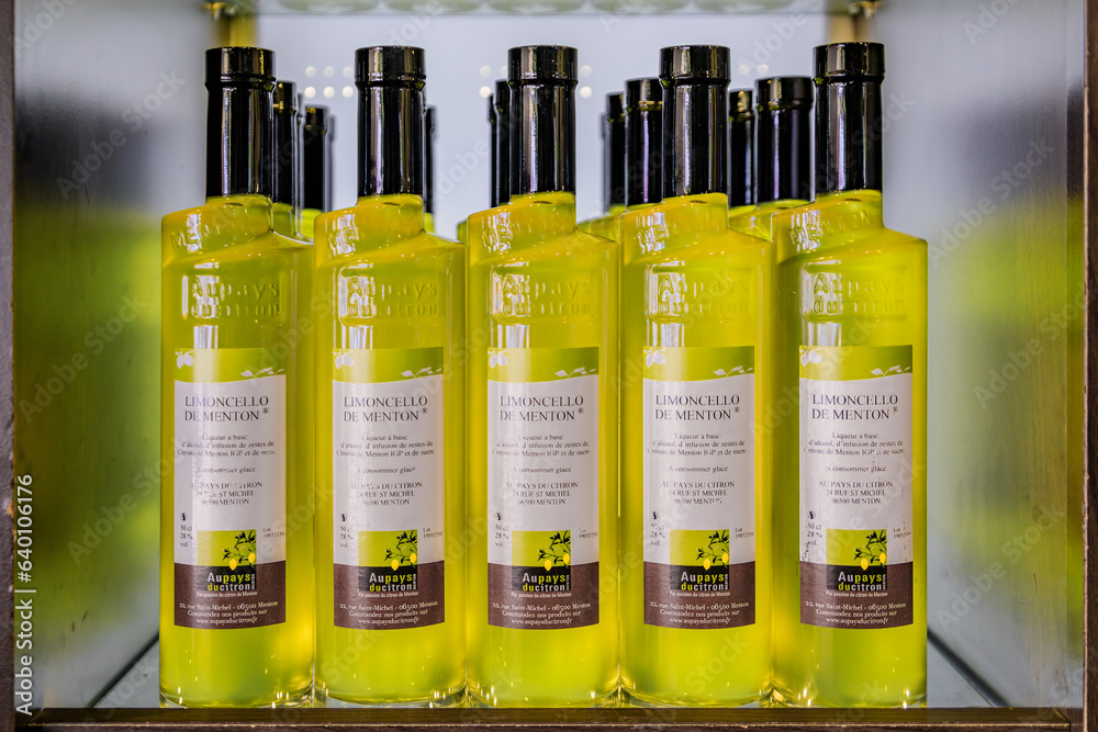Menton, France - May 26, 2023: Colorful gourmet limoncello from the ...