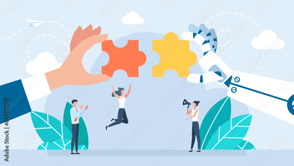 Robot and Businessman Hand holding puzzle. Human and a robot hands ...
