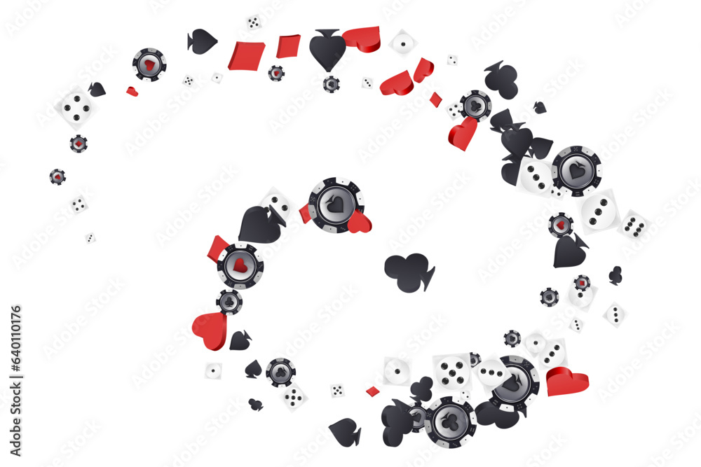 Falling card suit symbols icons, poker chips and dice cubes on white ...