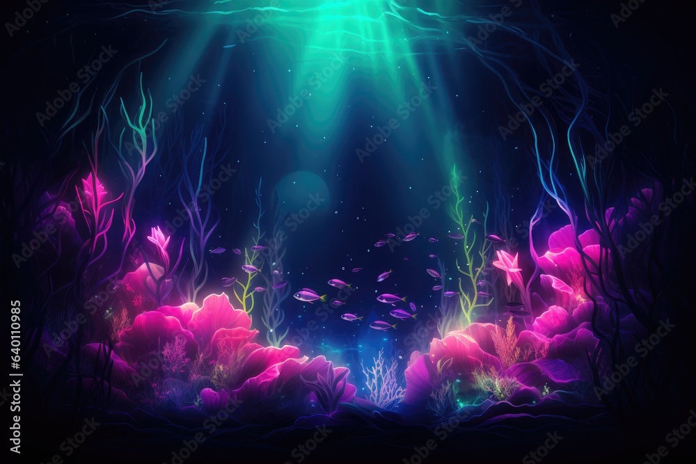 Neon wave with aquatic plants, presented in the style of outrun ...