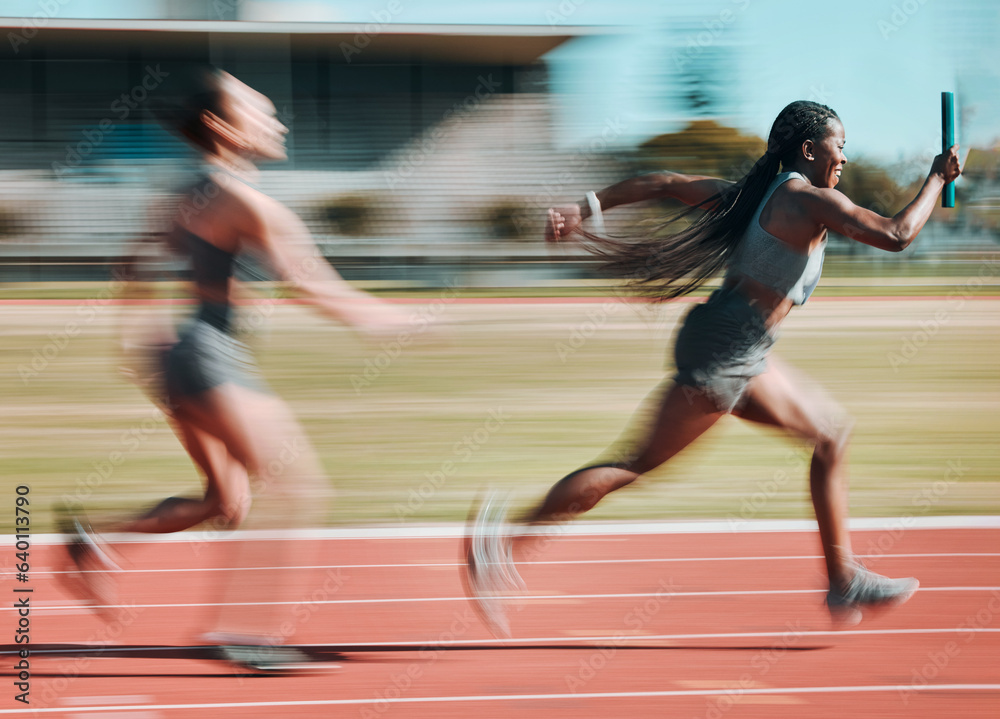 Action, race and women running relay sprint in competition for fitness ...