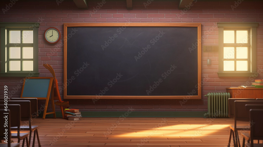 Empty Classroom Background with Chalkboard. Tables and seats on wooden ...