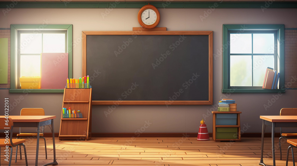 Empty Classroom Background with Chalkboard. Tables and seats on wooden ...