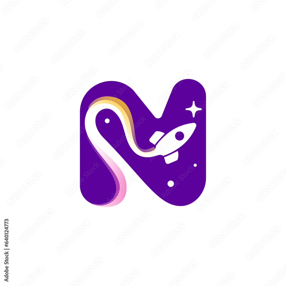 Letter N logo with rocket launch trail, planets, and stars. Negative ...
