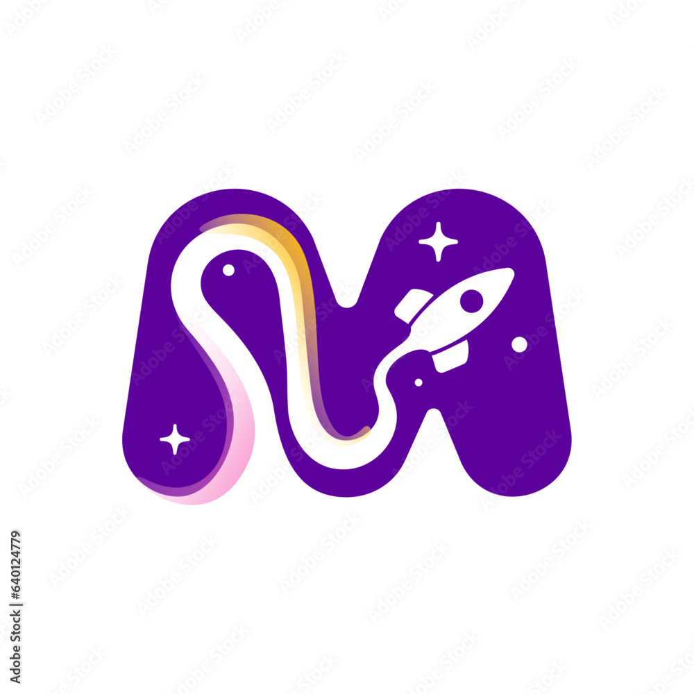 Letter M logo with rocket launch trail, planets, and stars. Negative ...