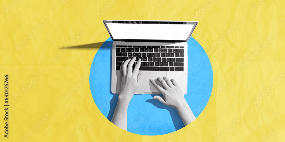 Person using a laptop computer - crumpled paper background Stock Photo ...