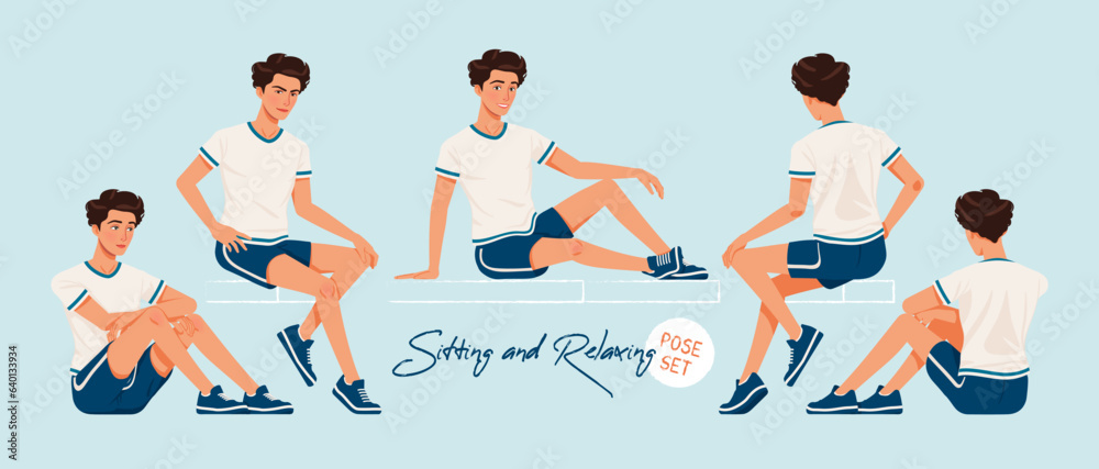 Sporty teenage active boy set sitting, relaxing poses. Young man ...