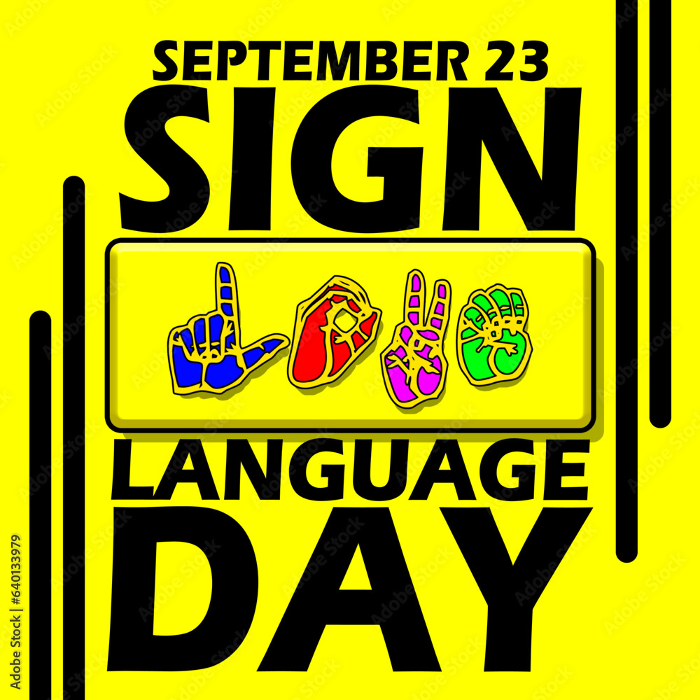 Fingers making sign language icon in a frame, with bold text on a ...