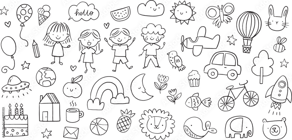 Vector hand-drawn kids doodle set. Drawings for children on white ...