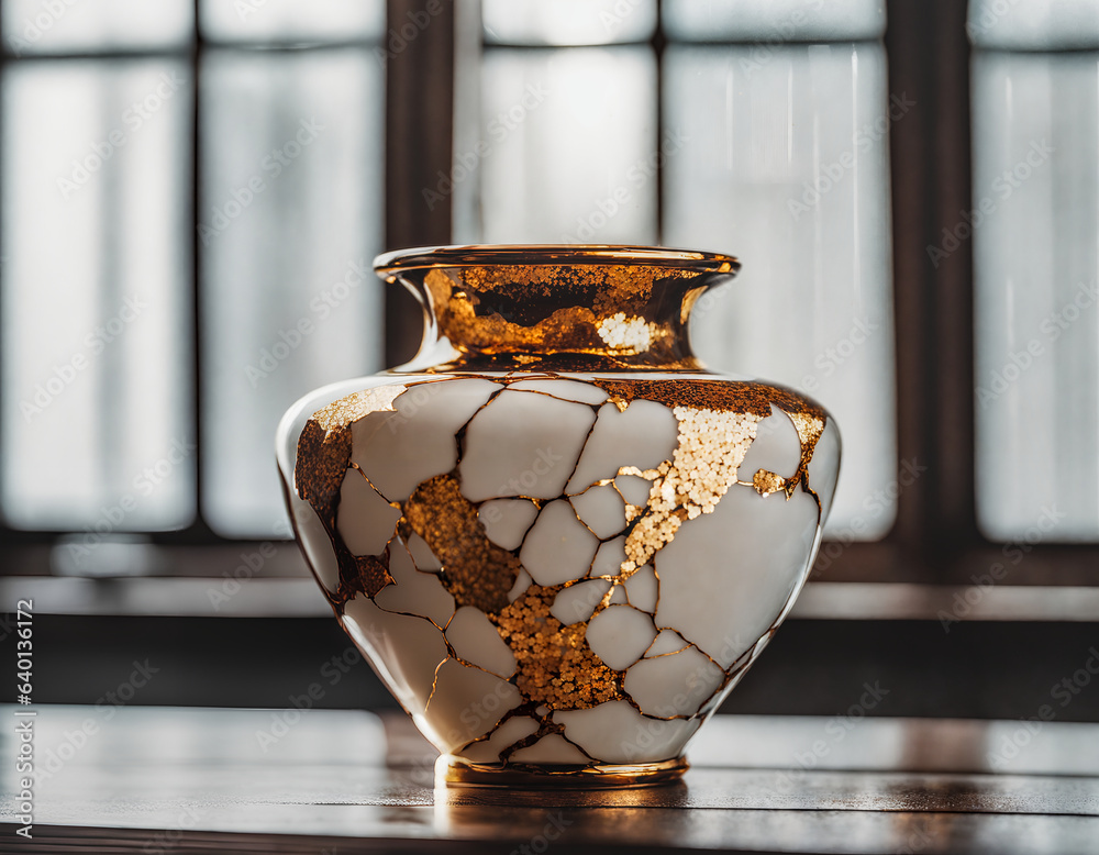 Foto de Kintsugi repaired vase. The vase is white with gold accents ...