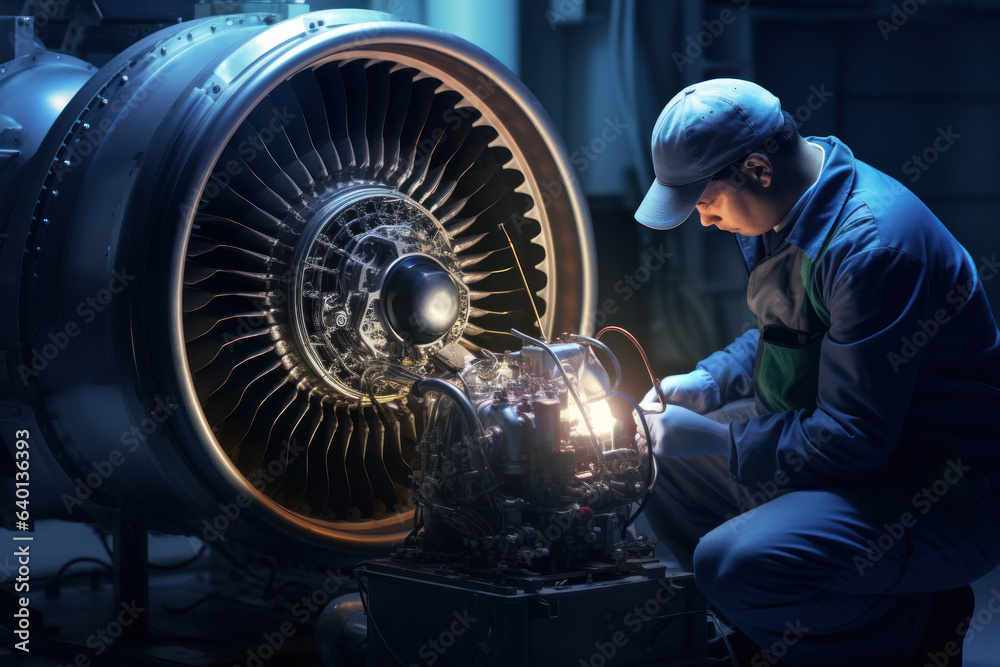 Tech repairs jet engine with modern aircraft tech. Stock Photo | Adobe ...