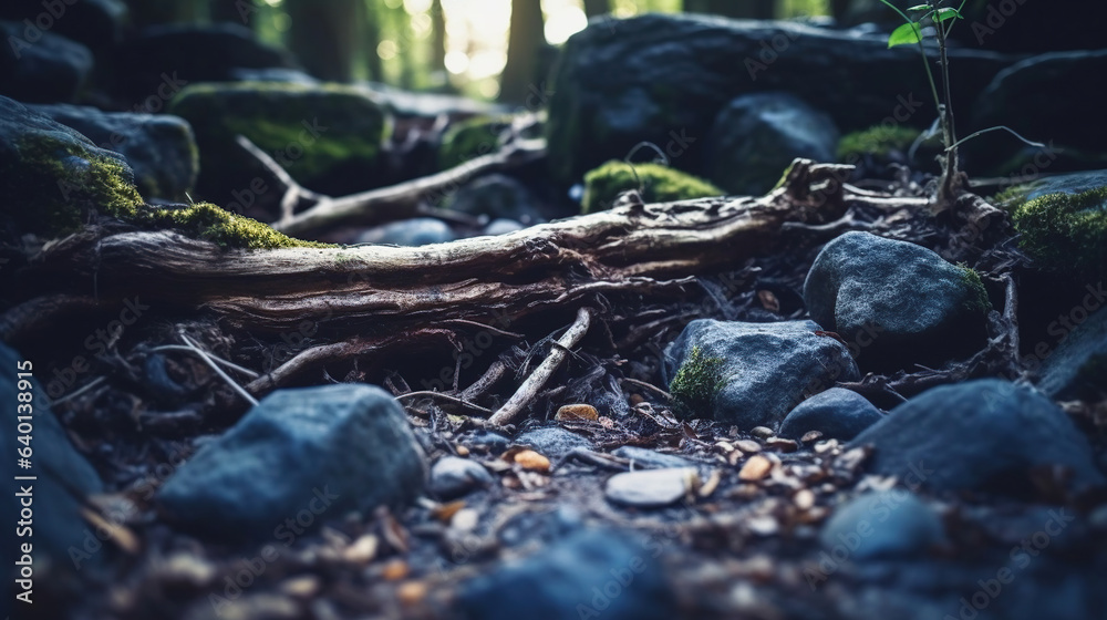 Stones and old tree roots on the ground AI generated image Stock ...
