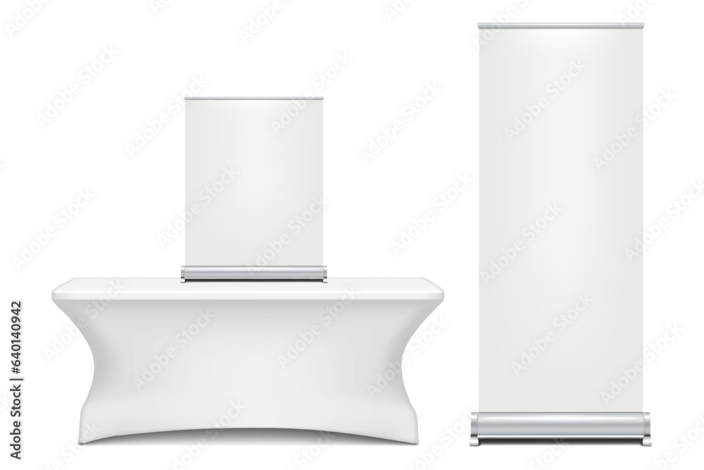 White promotional table with roll-up banner stands mockup. Trade show ...