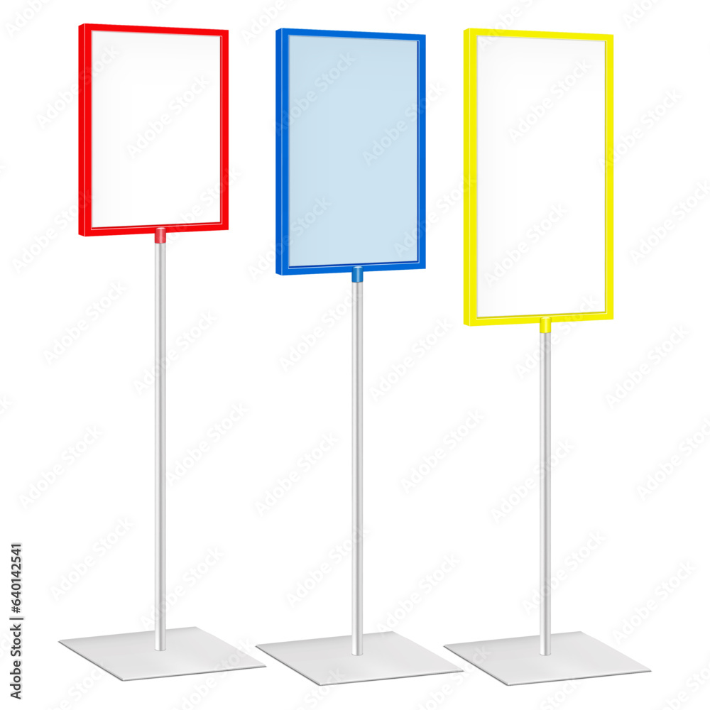 Pedestal poster frame vector mockup set. Floor display stand template ...