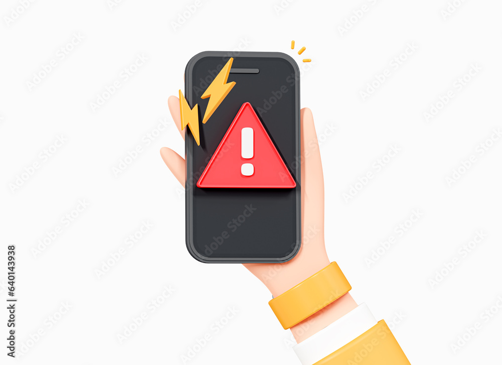 3D Hand holding mobile phone with exclamation mark notice. Warning sign ...