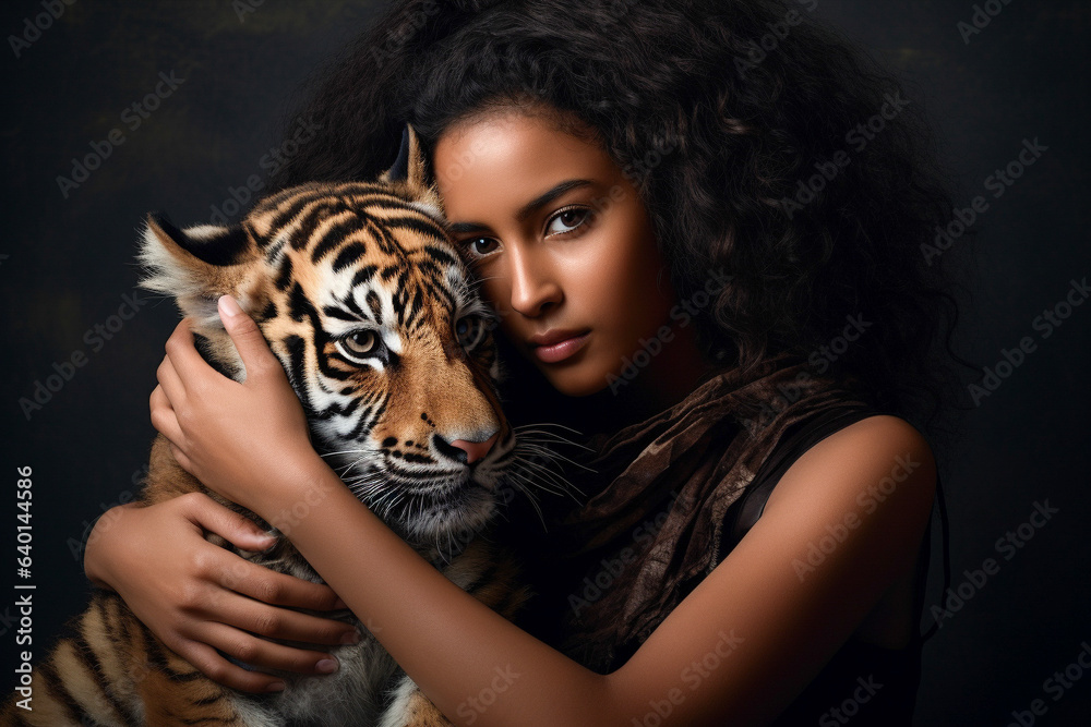 Poster Black woman hugging tiger cub – Wall Art | UkPosters