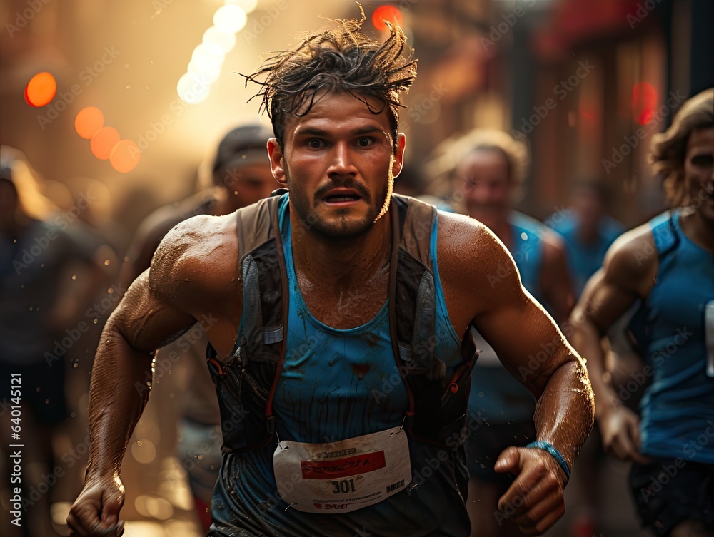 Portray the determination and strength of a marathon runner with a ...
