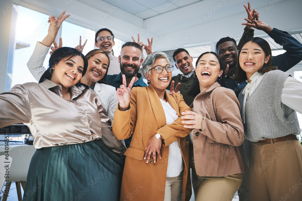 Happy, peace sign and portrait of business people in the office for ...