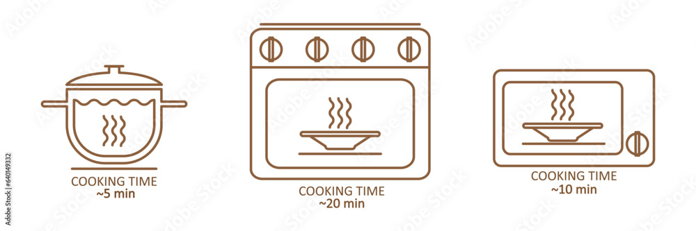 Cooking type and cooking time icon. The cooking time for food in a ...