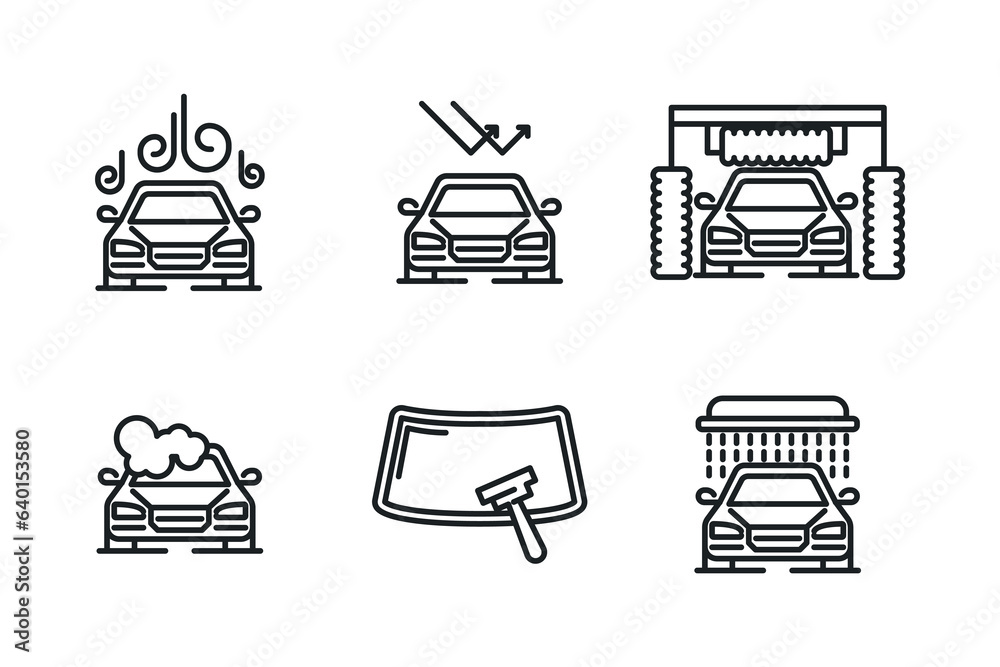 Car care icons, car wash service or wax polish, carwash vector outline ...
