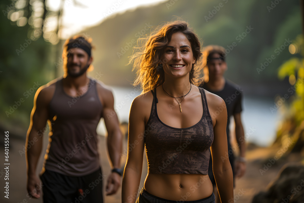 Loving couple captured during a joint workout in a scenic outdoor ...