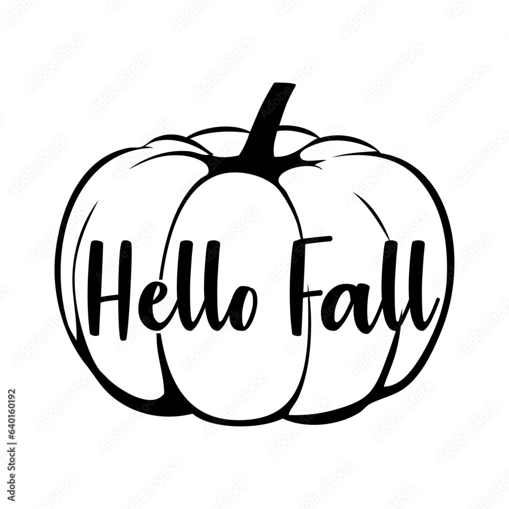 Logo con letras palabra hello fall con texto manuscrito en calabaza ...