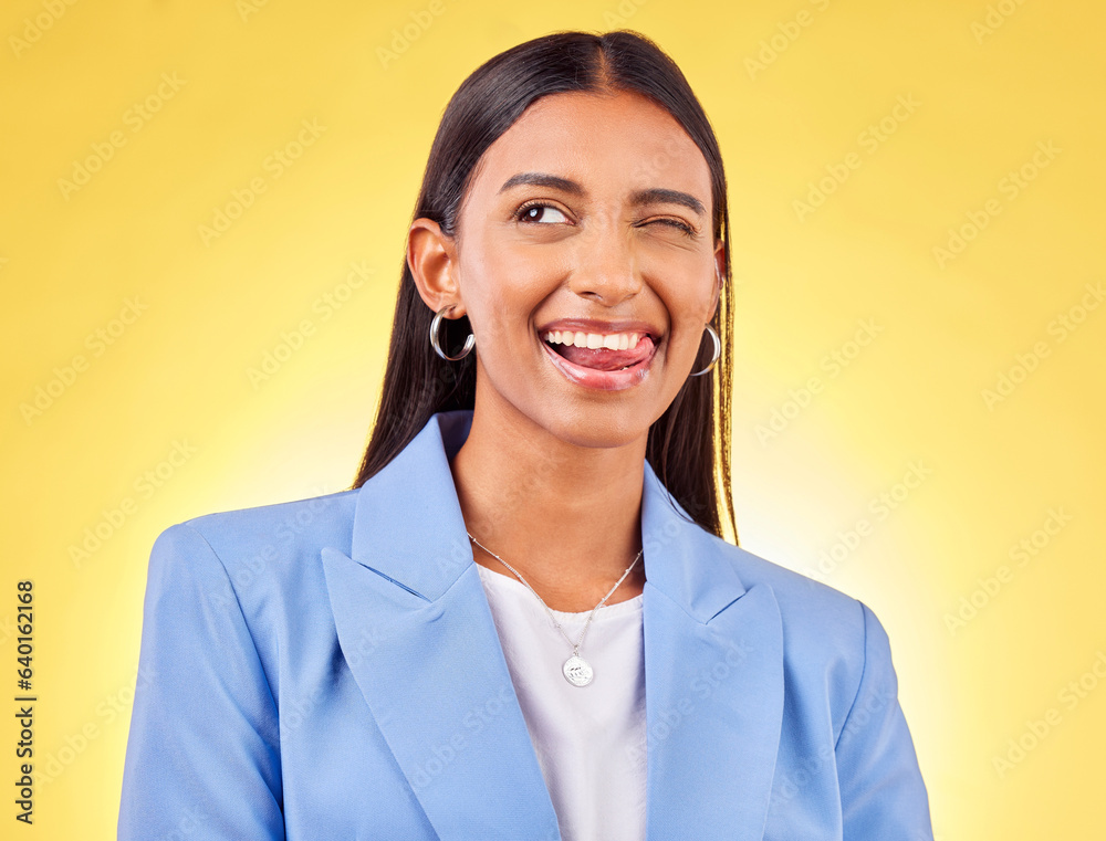 Funny, business woman and smile with silly and tongue out in a studio ...