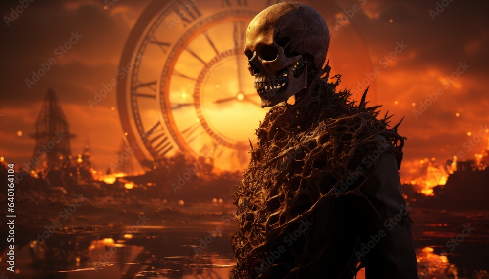 Human skeleton on fire against the backdrop of a nuclear world war in a ...